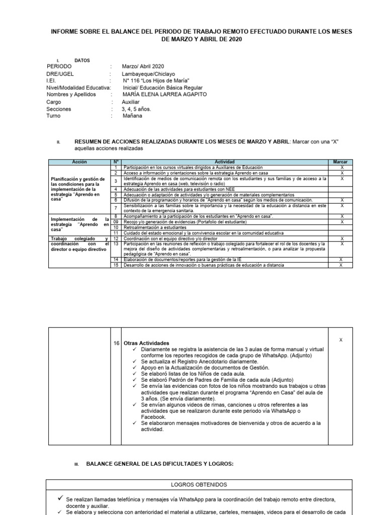 Inf.1 Marzo y Abril | PDF | Enseñando | Aprendizaje