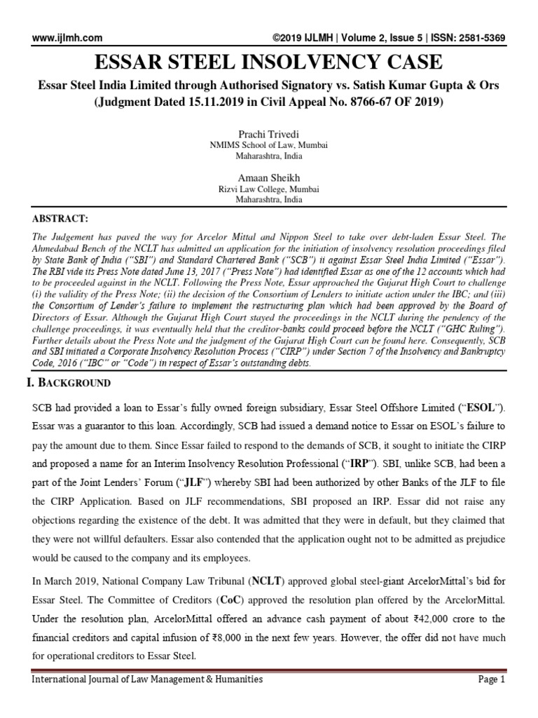 Essar Steel Insolvency Case | PDF | Bankruptcy | Personal Finance