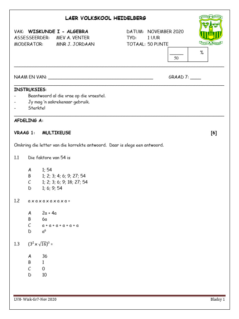 Wisk 1 - Algebra-Gr 7 - T4 - 2020 | PDF