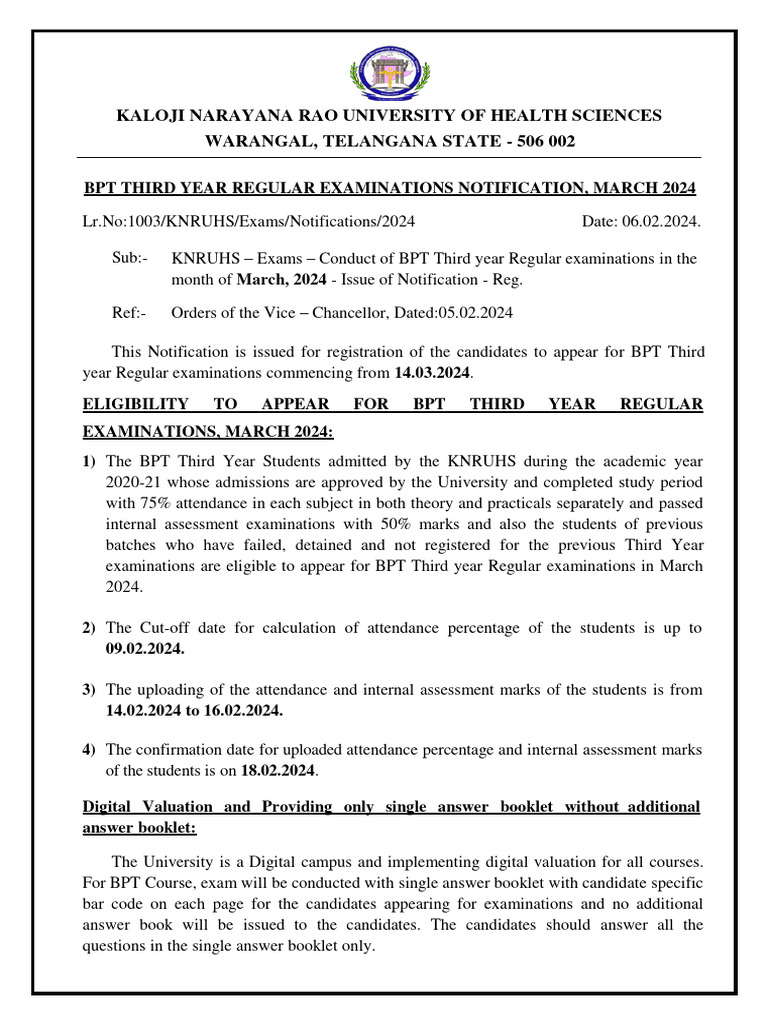 KNRUHS BPT Third Year Exam Notice 2024 | PDF | Medicine | Health Care