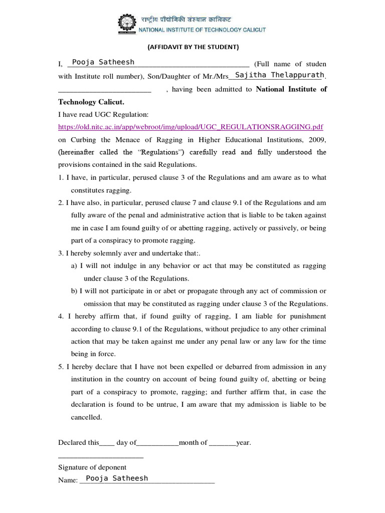 Affidavit by Student On Anti Ragging 2023 - 0 | PDF