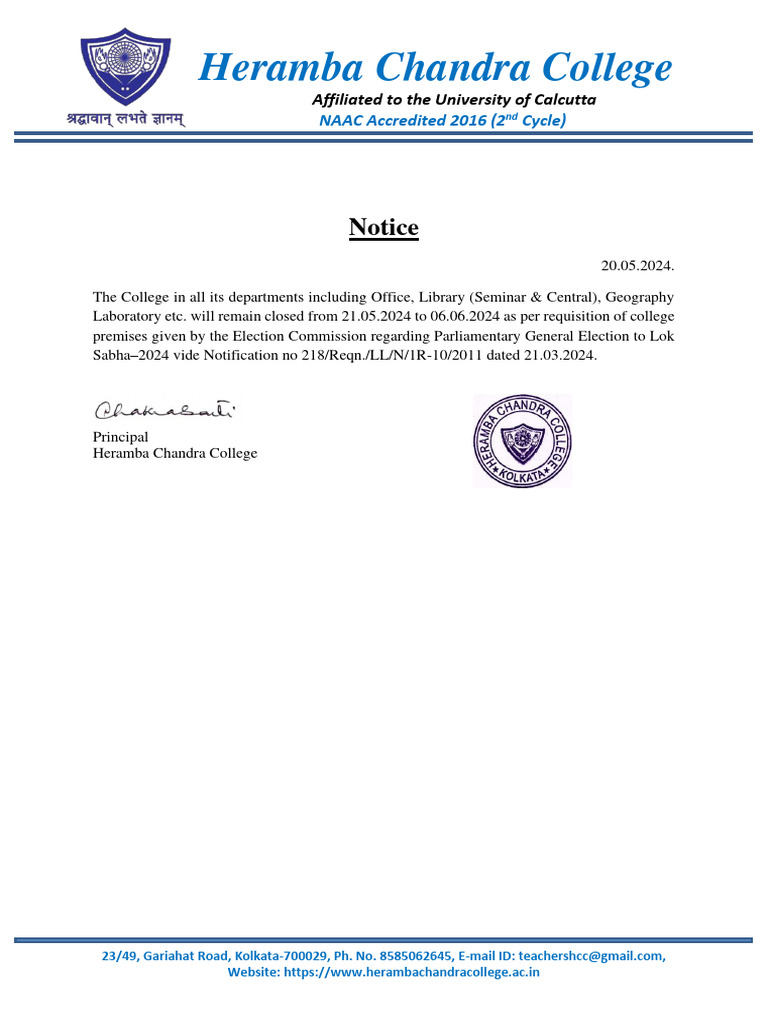Heramba Chandra College Notice: Closure Dates | PDF