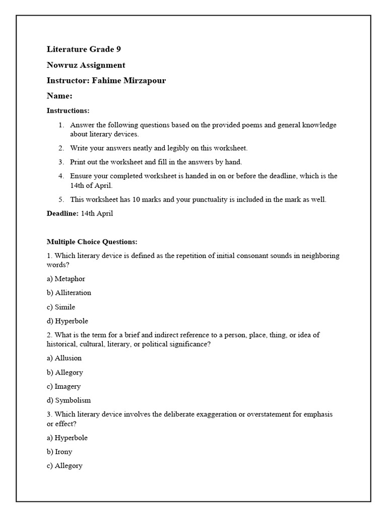 Homeworks - 37704 - 1 - Literature Grade 9-Nowruz Assignment 3 | PDF | Metaphor