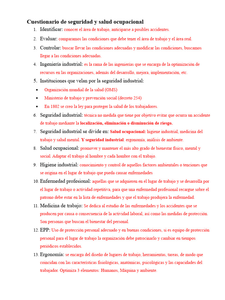 Cuestionario de Seguridad y Salud Ocupacional | PDF | Seguridad y salud ...