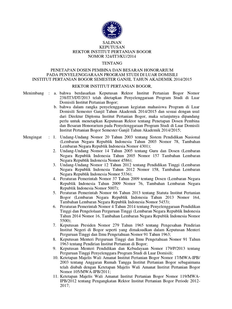 324T3 KU 2014 Penetapan Dosen Pembina Besaran Honorarium PPD | PDF ...