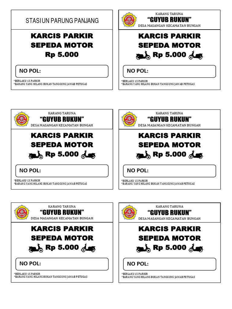 Contoh Karcis Parkir Motor dan Mobil | PDF | Griya & Taman