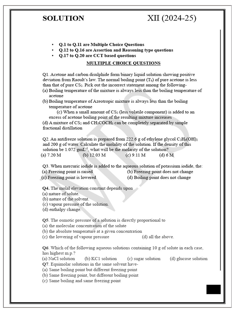 SOLUTIONS Practice Questions | PDF | Solubility | Applied And Interdisciplinary Physics