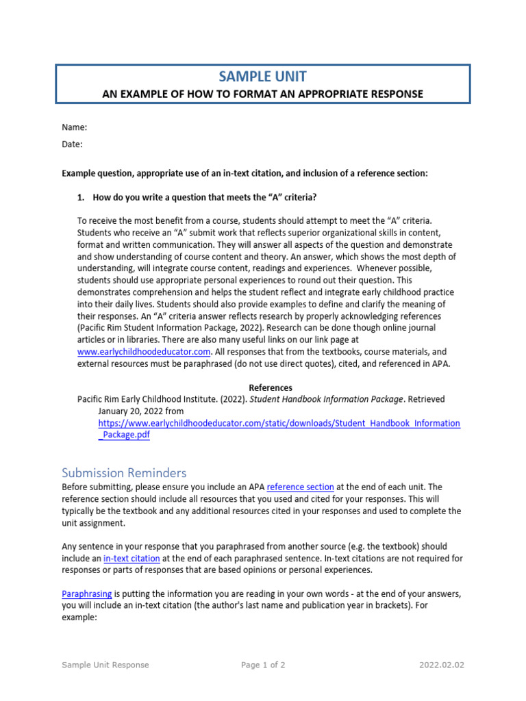 Sample Unit Response | PDF | Apa Style | Citation