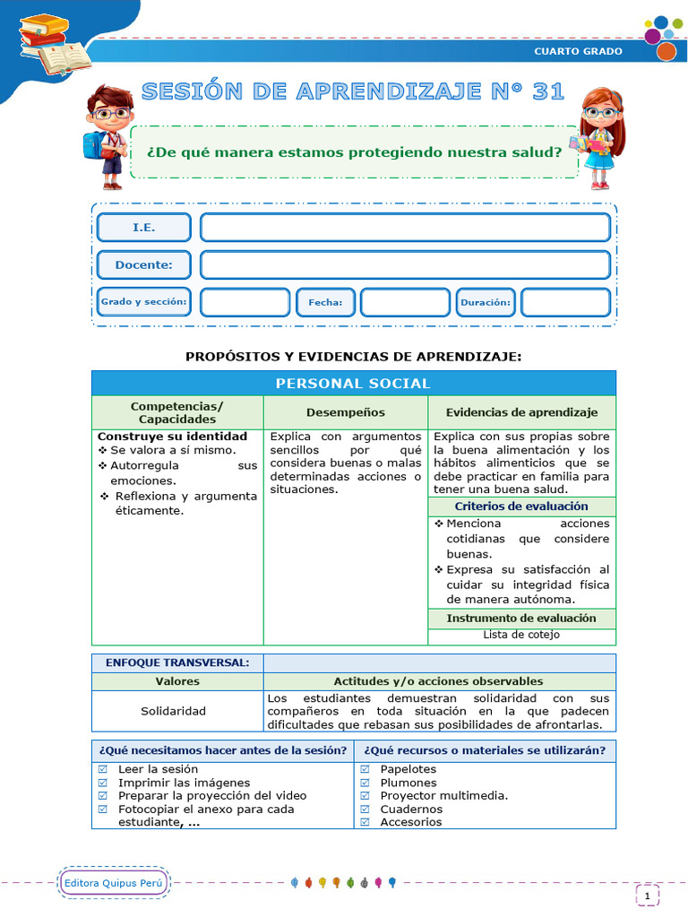 1.-4to Sesiones de Aprendizaje - Semana 4 - UD II - Editora Quipus Perú | PDF | Evaluación ...