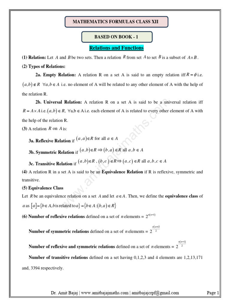 Class 12 Maths Formulas: Relations & Functions | PDF | Function ...