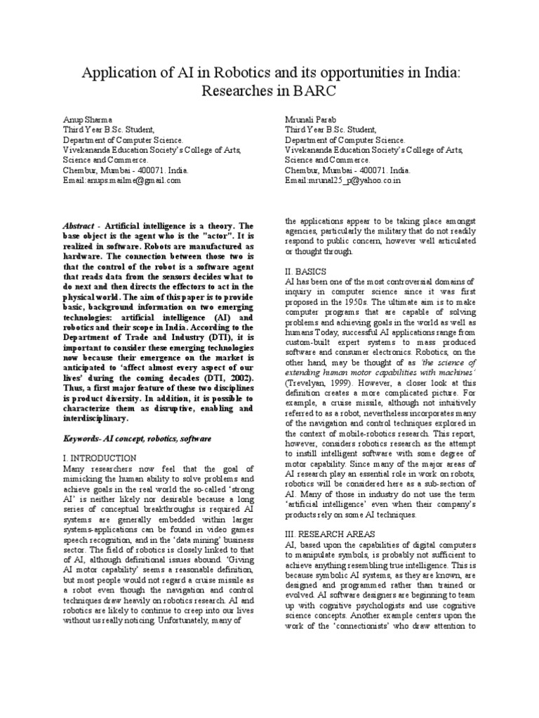 Research Paper on AI in Robotics | Artificial Intelligence | Technology