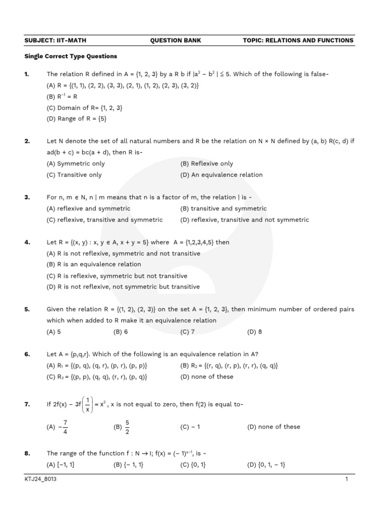 Relations and Functions Question Bank | PDF | Function (Mathematics ...