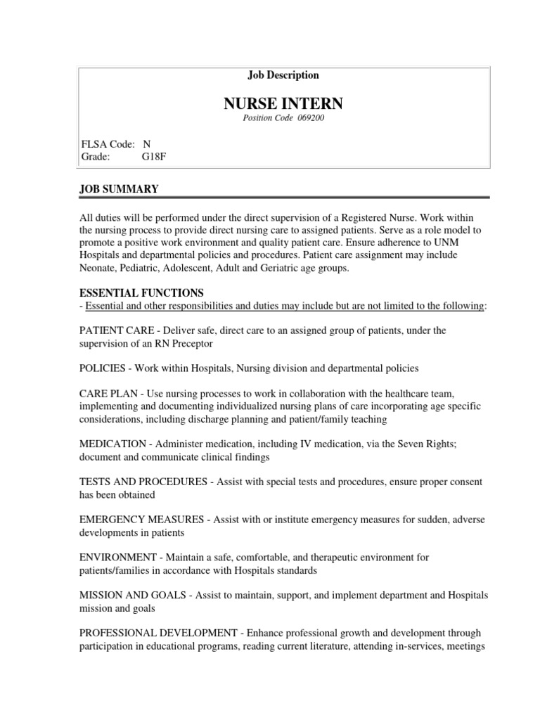 Nurse Intern Job Description | PDF | Patient Safety | Nursing