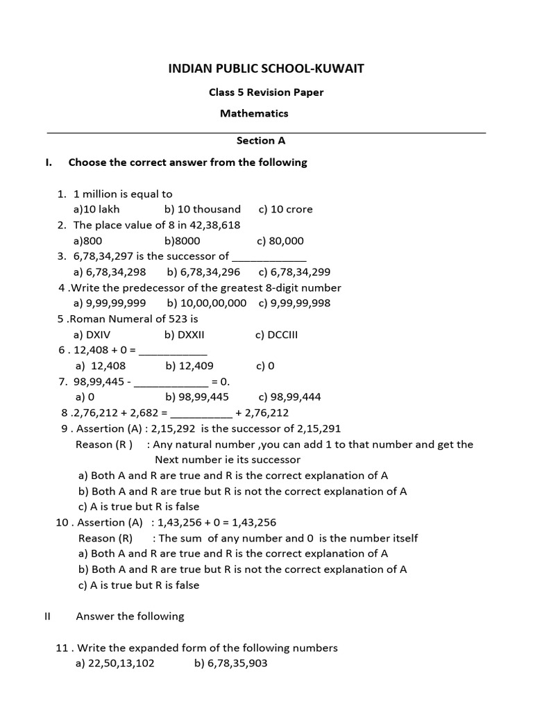 Revision Question Paper Class 5 (!) | PDF | Subtraction | Elementary ...
