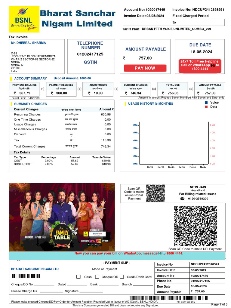 BSNL Bill | PDF | Cheque | Payments