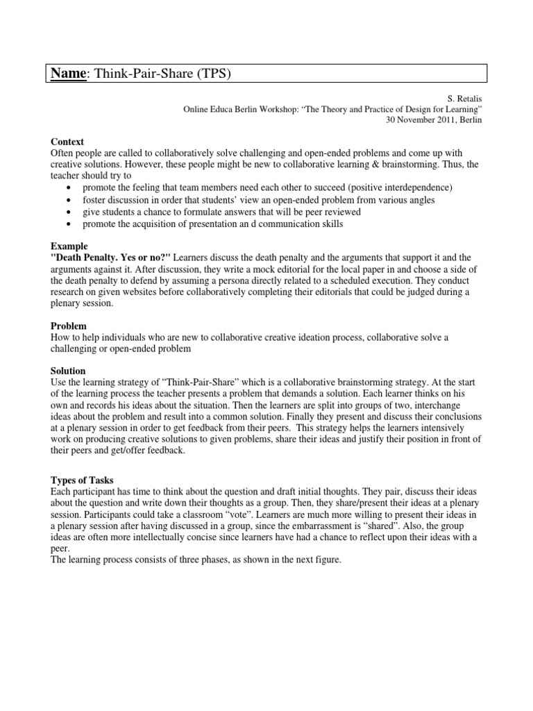 Think Pair Share TPS Pattern | PDF | Brainstorming | Neuropsychological ...