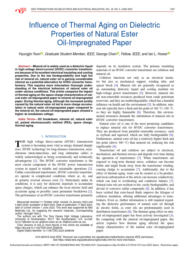 Influence of Thermal Aging On Dielectric Properties of Natural Ester ...