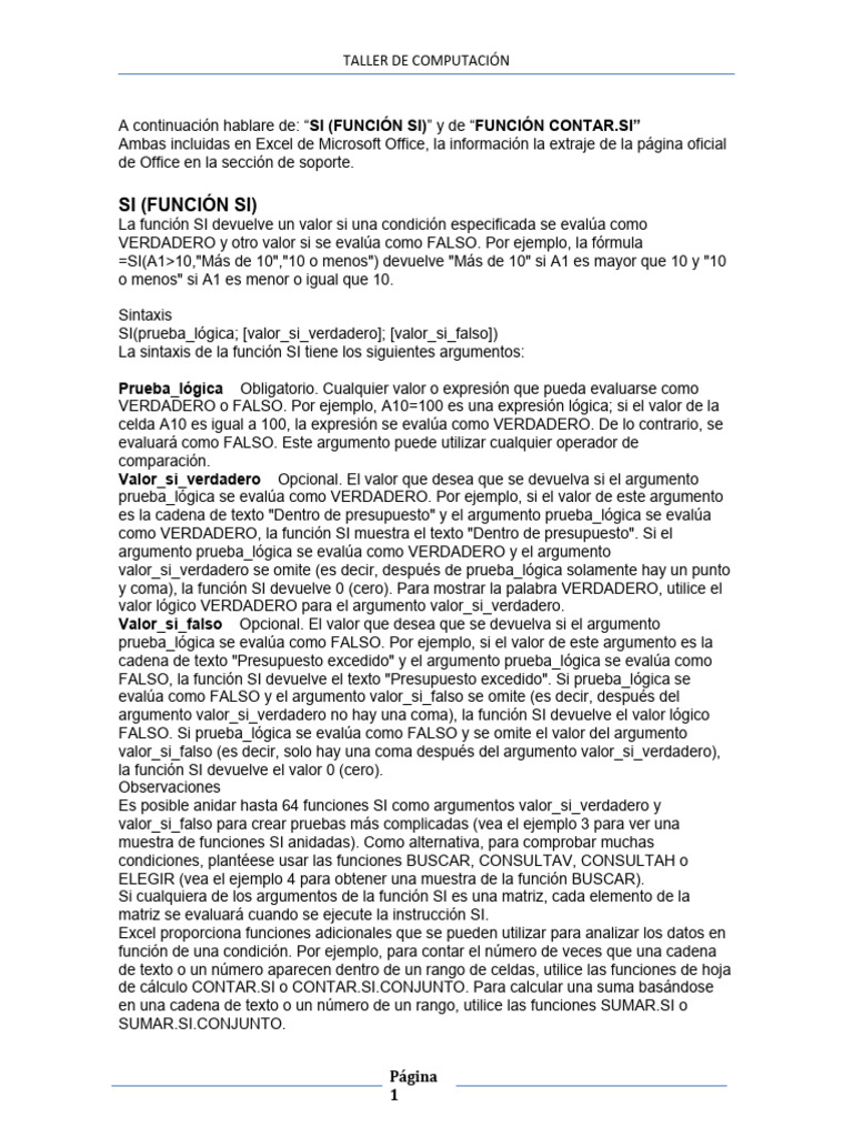 FUNCIÓN SI y FUNCIÓN CONTAR SI | PDF | Función (Matemáticas) | Hoja de ...