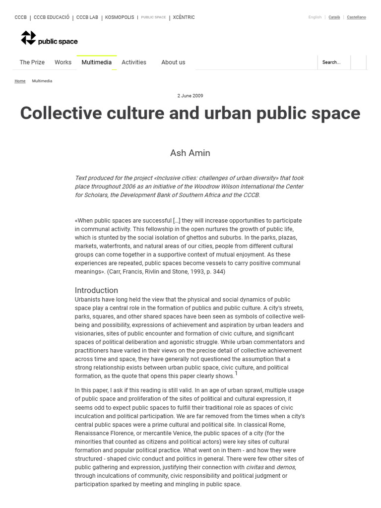 Collective Culture and Urban Public Space Ash Amin | PDF | Space ...