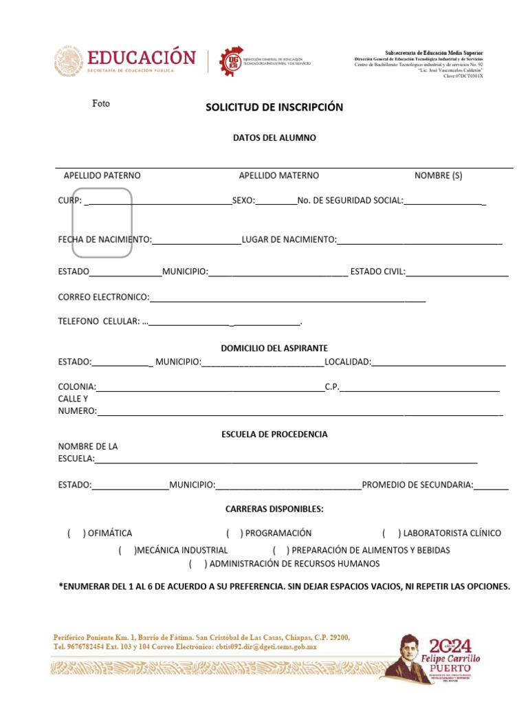 Formato de Solicitud de Inscripcion 2024 | PDF