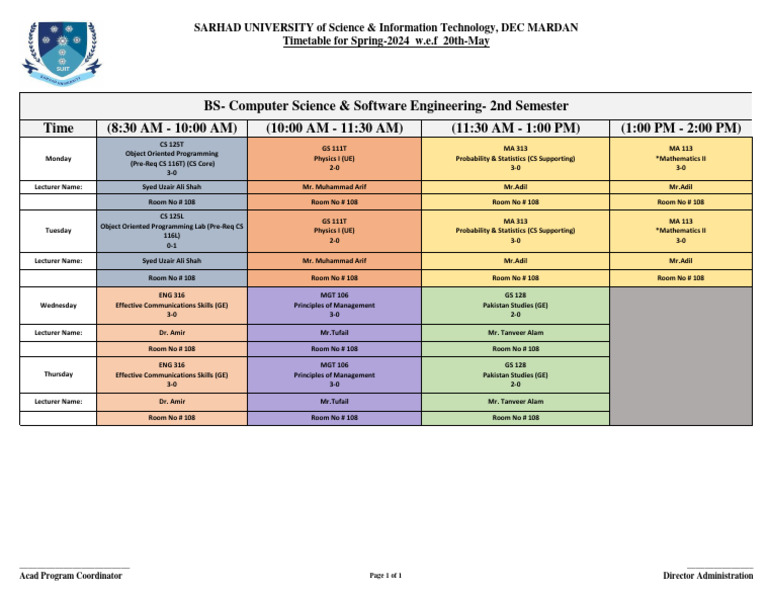Time Table Spring-2024 2nd Semester-1 | PDF | Computer Science | Engineering