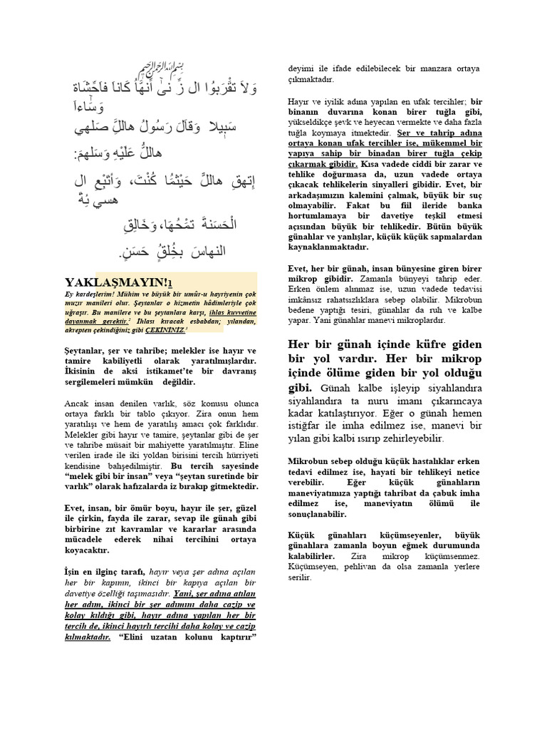 Yaklaşmayin Hutbe | PDF