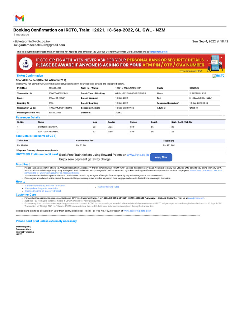 Booking Confirmation On IRCTC Train 12621 18 Sep 2022 SL GWL NZM