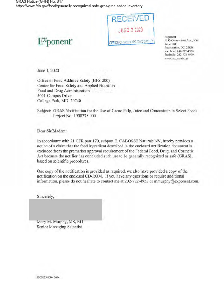 GRAS Notice GRN 947 Cacao Pulp | PDF | Chocolate | Cocoa Bean