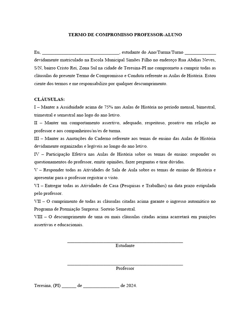 Termo de Compromisso Professor-Aluno | PDF