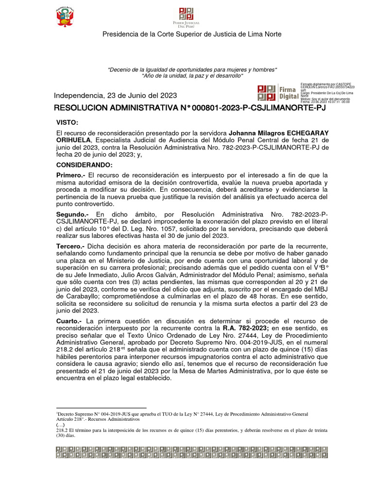 Resolucion+Administrativa 000801 2023 P Csjlimanorte | PDF | Gobierno ...