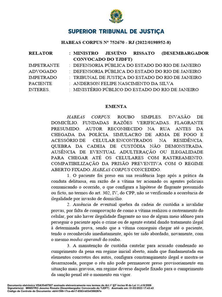 HABEAS CORPUS #752670 - RJ (2022/0198952-8) Relator: Ministro Jesuíno Rissato (Desembargador ...