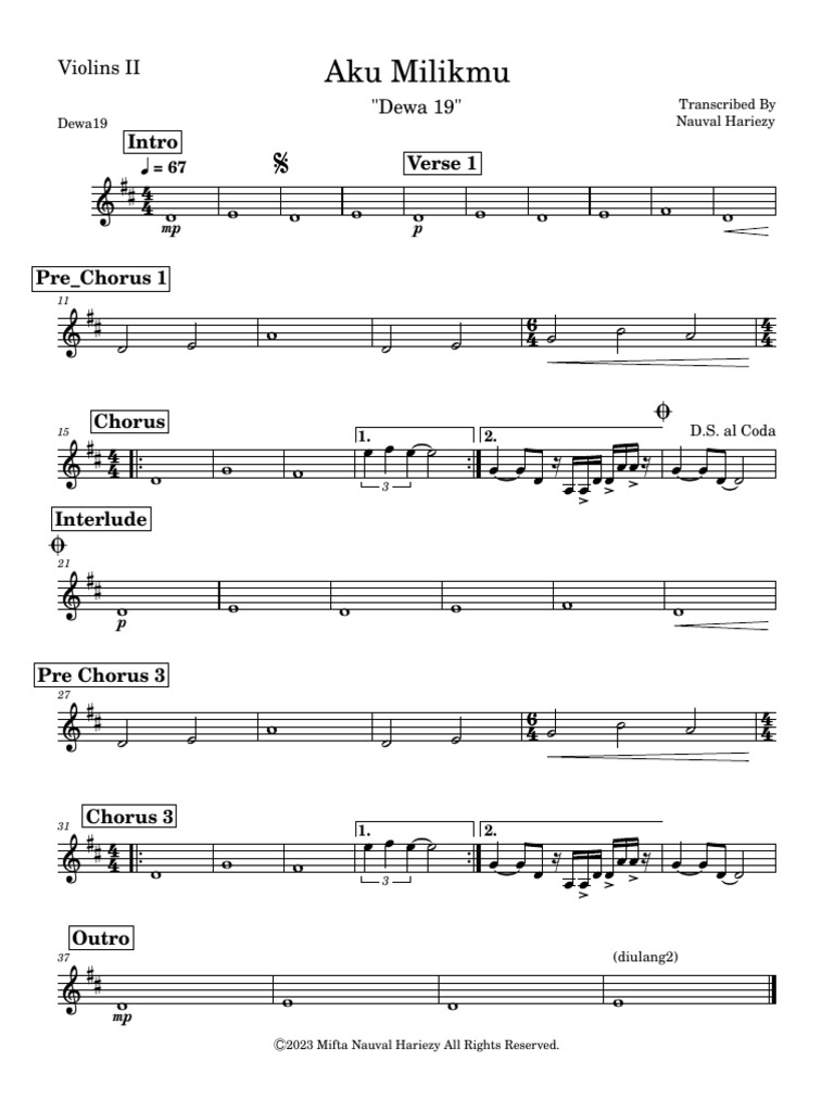 (Strings) Aku Milikmu - Dewa19-Violins - II | PDF | Song Structure | Musical Compositions