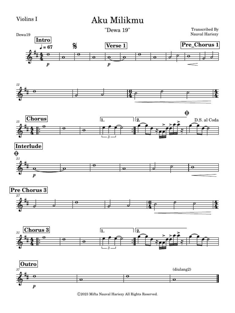 (Strings) Aku Milikmu - Dewa19-Violins - I | PDF | Song Structure | Musical Compositions