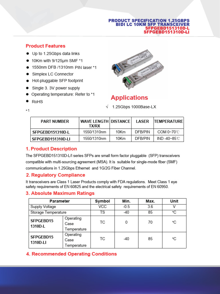 SFP 1.25G Bidi TX15501310NM 10KM LC | PDF | Electronics | Electrical Engineering