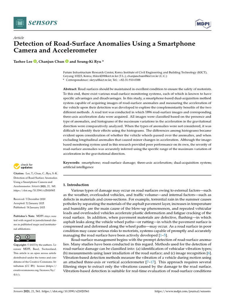 Sensors: Detection of Road-Surface Anomalies Using A Smartphone Camera and Accelerometer | PDF ...