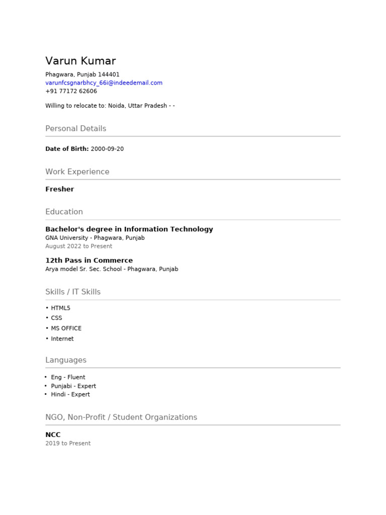 Varun Kumar: IT Graduate with HTML & CSS Skills | PDF