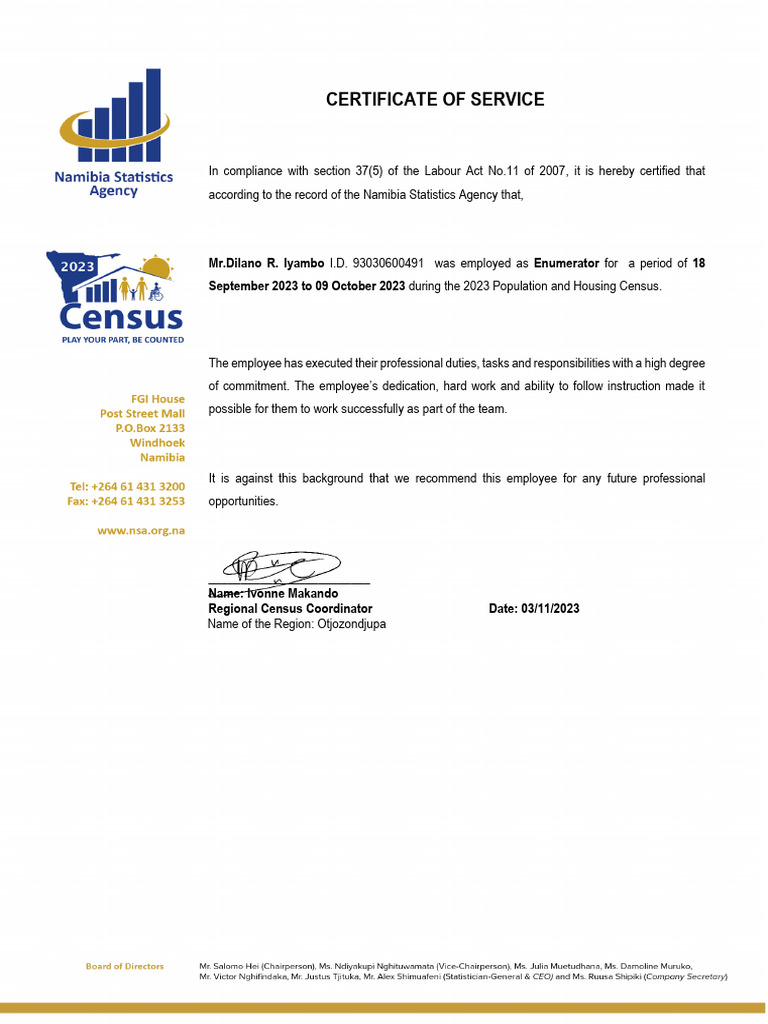 Enumerator Service Certificate | PDF