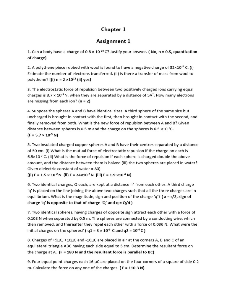 Chapter 1 - Assignment 1 | PDF | Electric Charge | Force