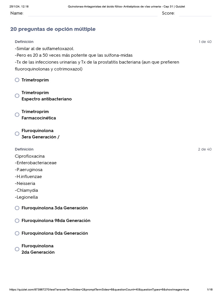 Quinolonas-Antagonistas Del Ácido Fólico - Antisépticos de Vías Urinaria - Cap 31 - Quizlet ...