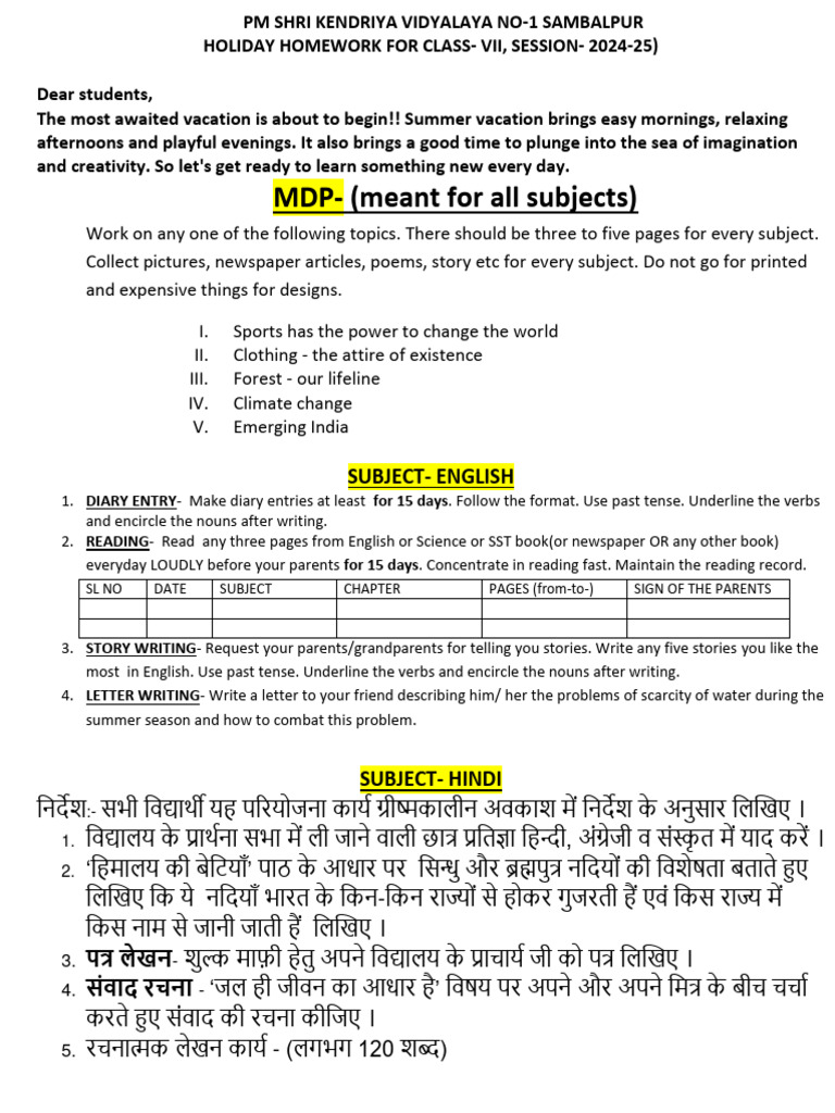 Holiday Homework For Class - Vii, Session - 2024-25 | PDF | Numbers