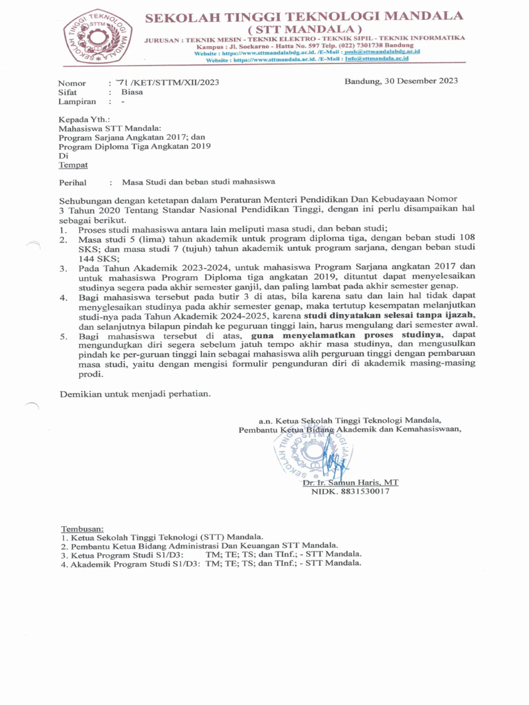 Surat Pemberitahuan Masa Studi Dan Beban Studi | PDF