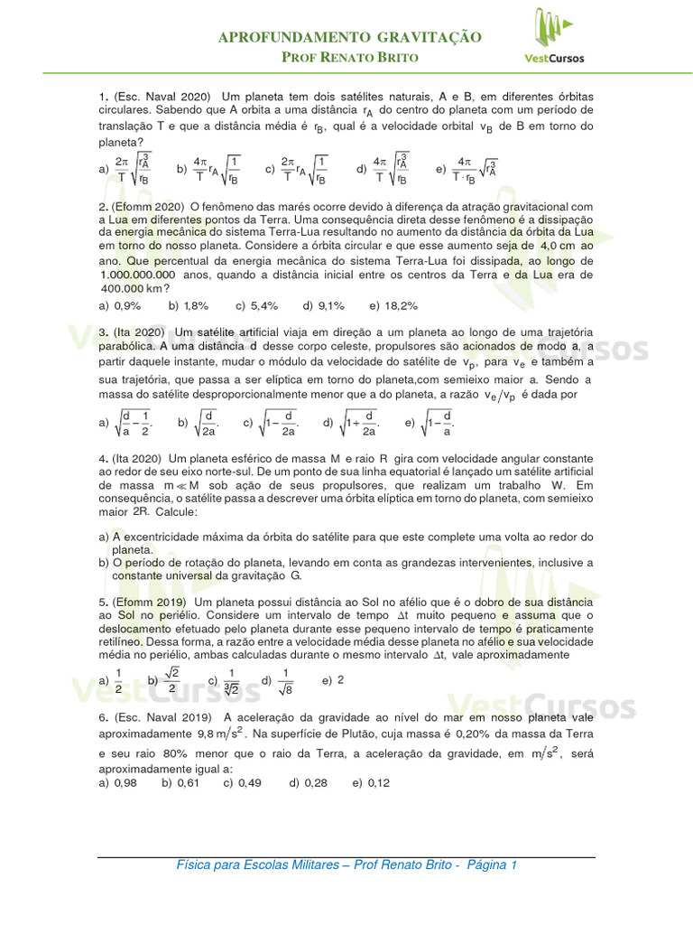 53 Questoes Extras Gravitacao Escolas Militares Gabaritadas | PDF | Órbita | Massa