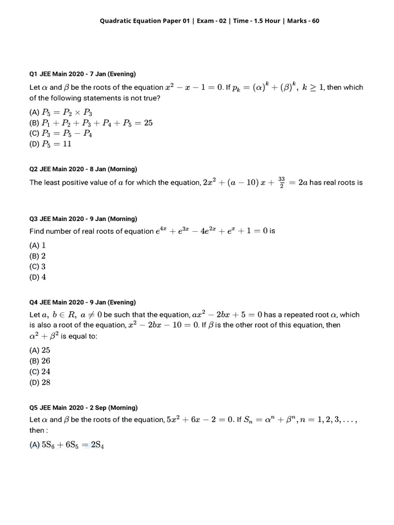 Quadratic Equation - Exam - 01 - Question Paper | PDF | Zero Of A ...