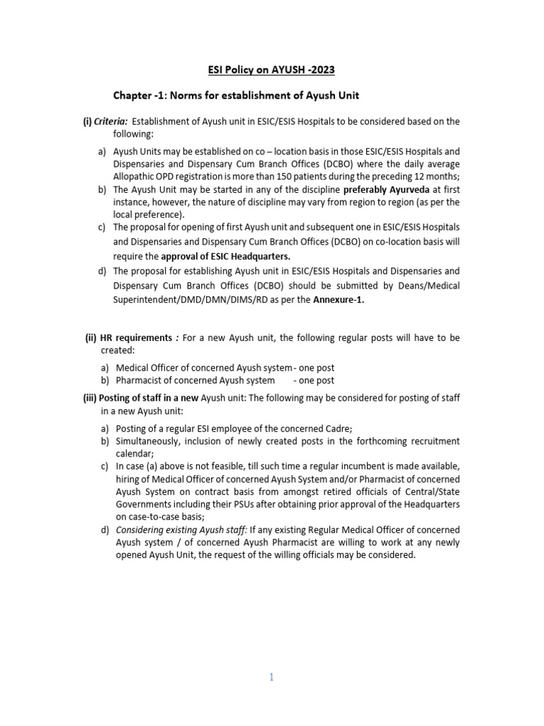 ESI AYUSH Policy Guidelines 2023 | PDF | Ayurveda | Medicine