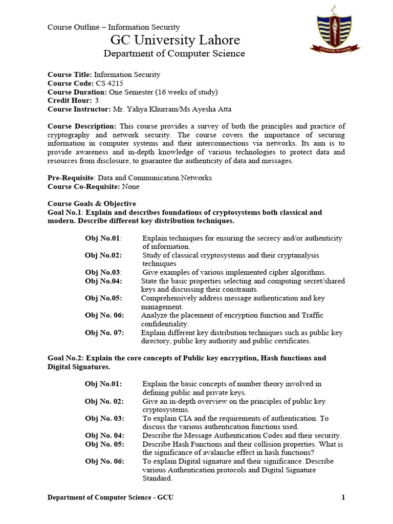 Course-Outline - Information Security | PDF | Cryptography | Public Key Cryptography