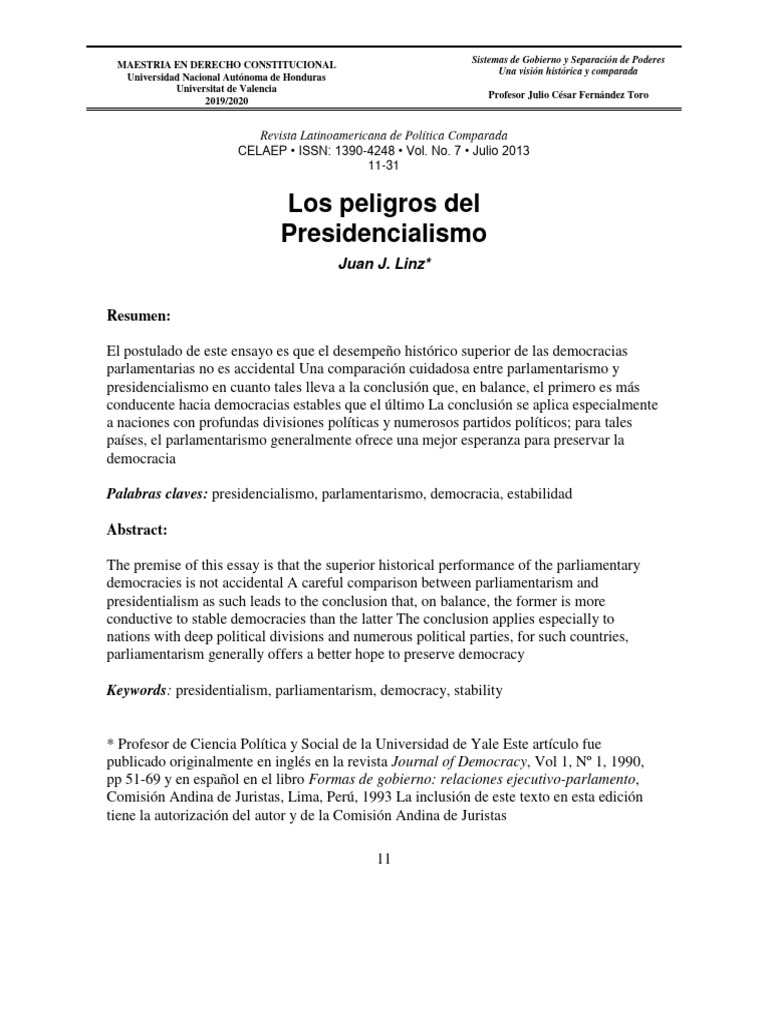 Los Peligros Del Presidencialismo de Juan J. Linz | PDF | Democracia ...