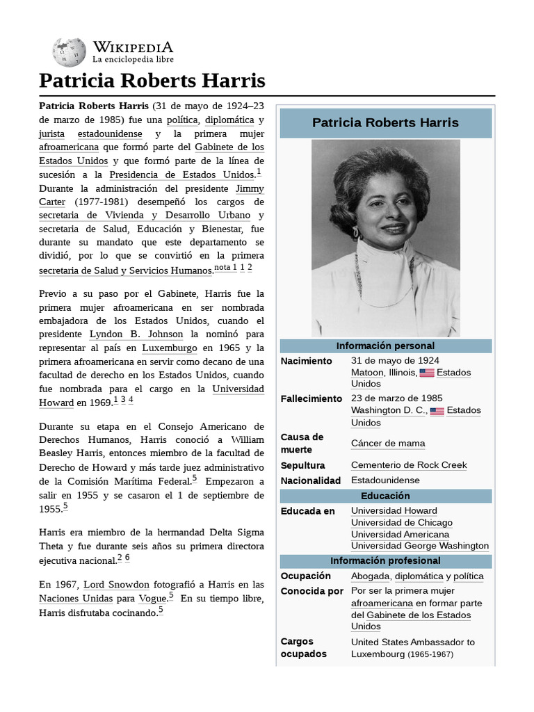 Biografia Patricia Roberts Harris | PDF | Política