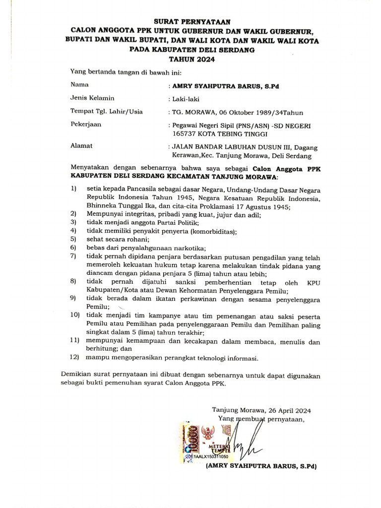 Surat Pernyataan KPU | PDF