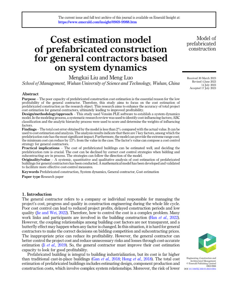 Cost Estimation Model Of Prefabricated Construction For General Contractors Based On System