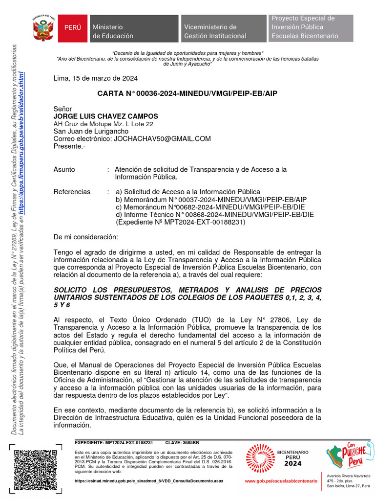 Carta 00036 2024 Minedu Vmgi Peip Eb Aip | PDF | Gobierno